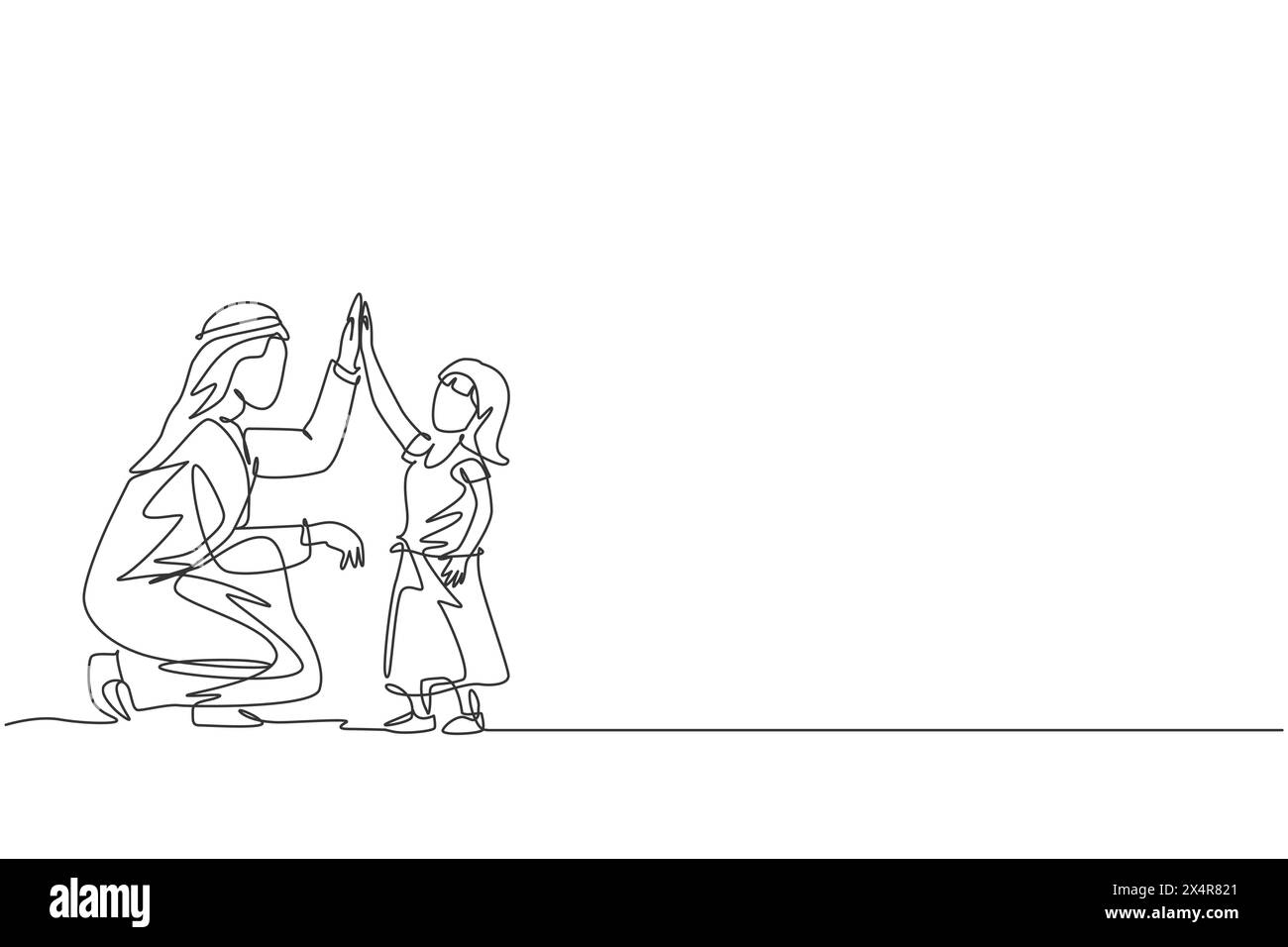One continuous line drawing of young Islamic dad give high five gesture ...