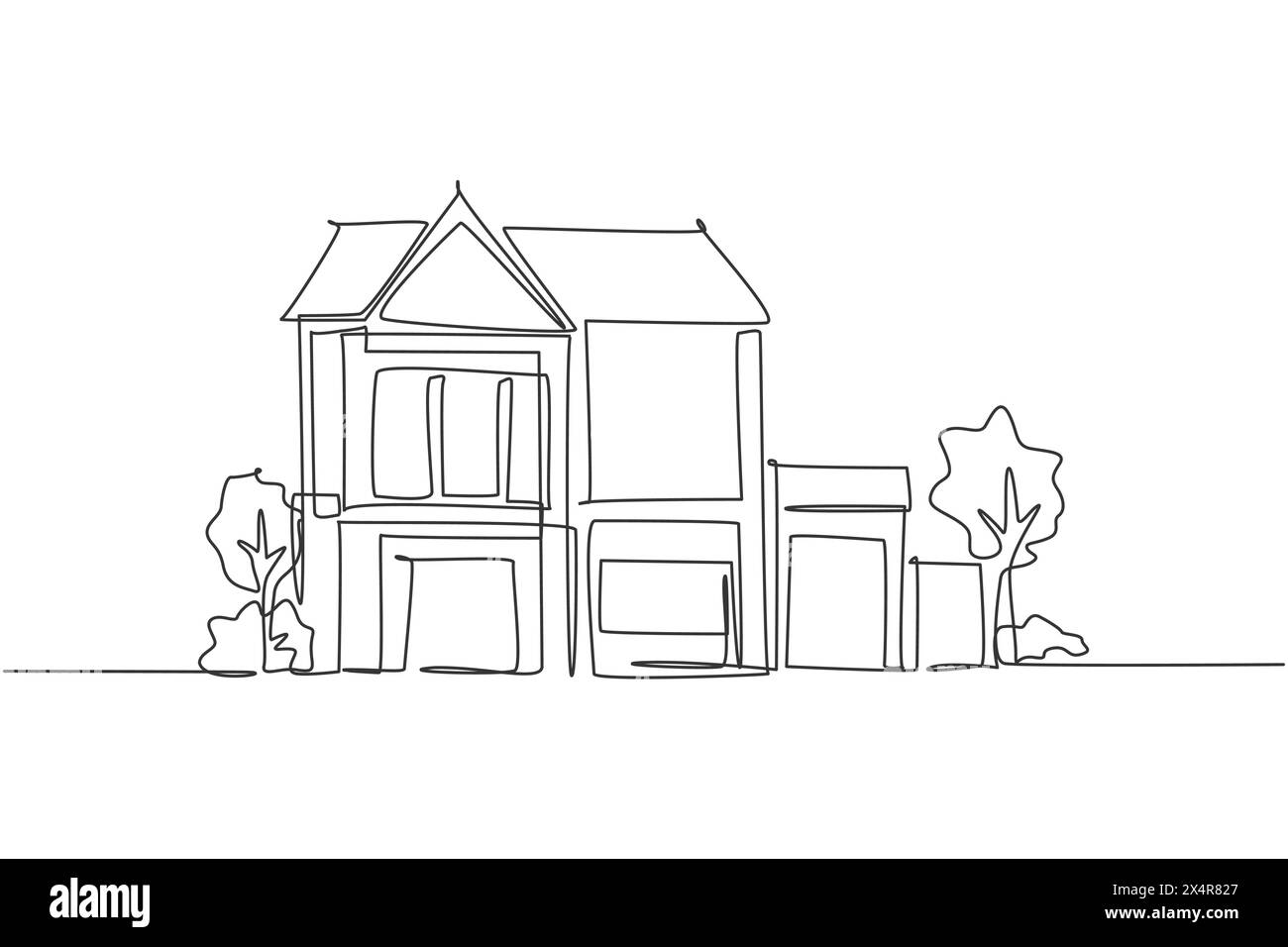 Single one line drawing of green fresh modest house at countryside ...