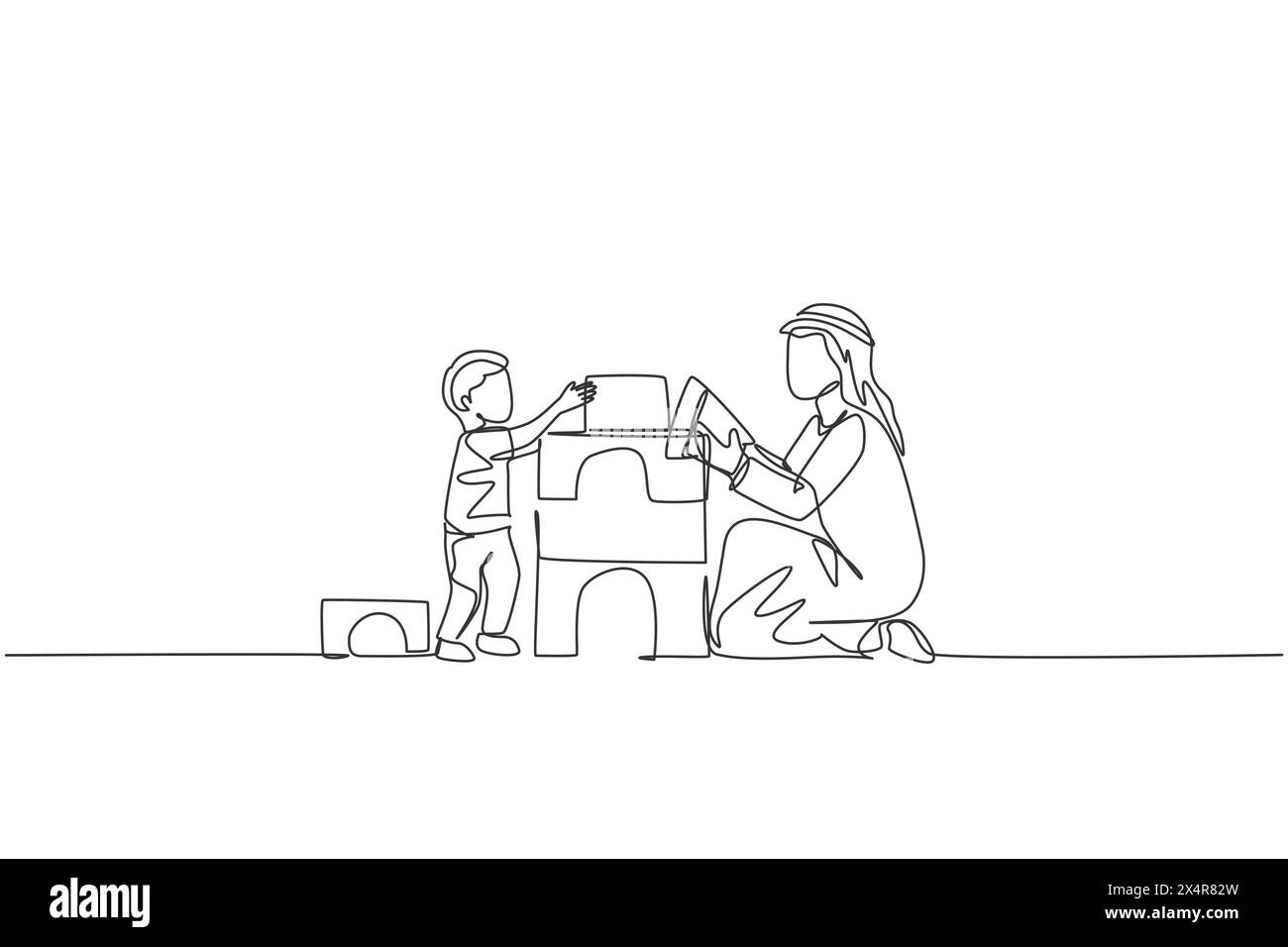One single line drawing of young Arabian father playing block foam ...