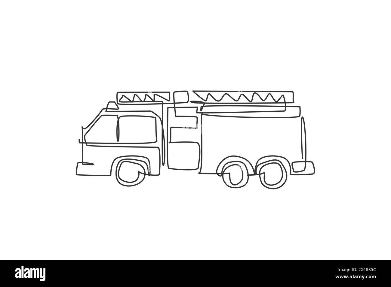 Single continuous line drawing of firetruck emergency rescuer for ...