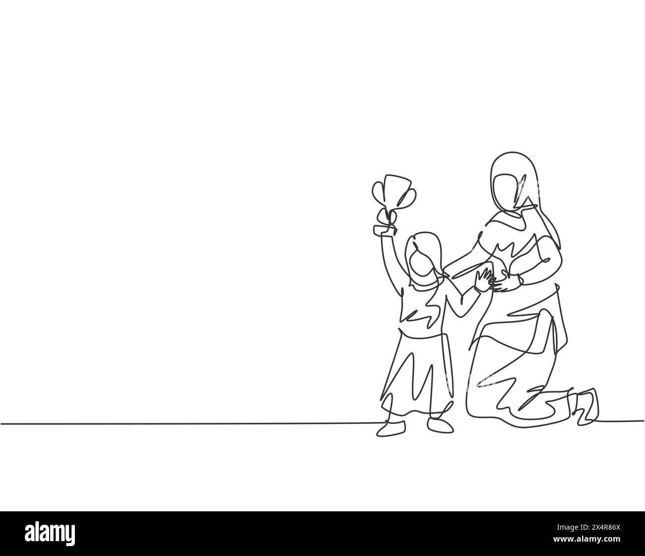 Single continuous line drawing of young Arabian mom proud of her ...