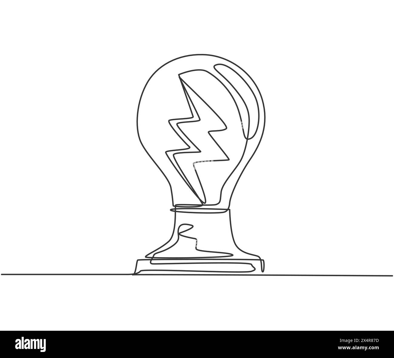 Single continuous line drawing of shine light bulb with thunder bolt ...
