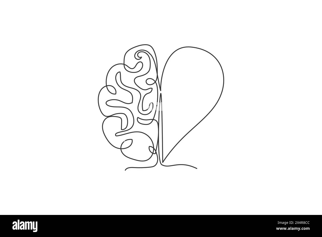 One continuous line drawing of half human brain and love heart shape ...