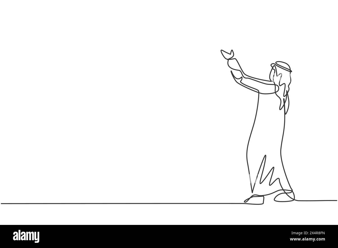 Single continuous line drawing of young Arabian businessman lifting his ...