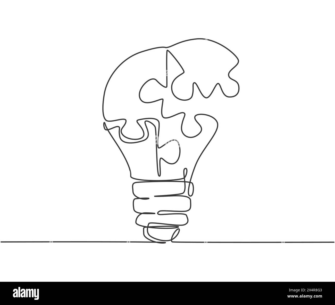 One single line drawing of light bulb with pieces of puzzles forming ...