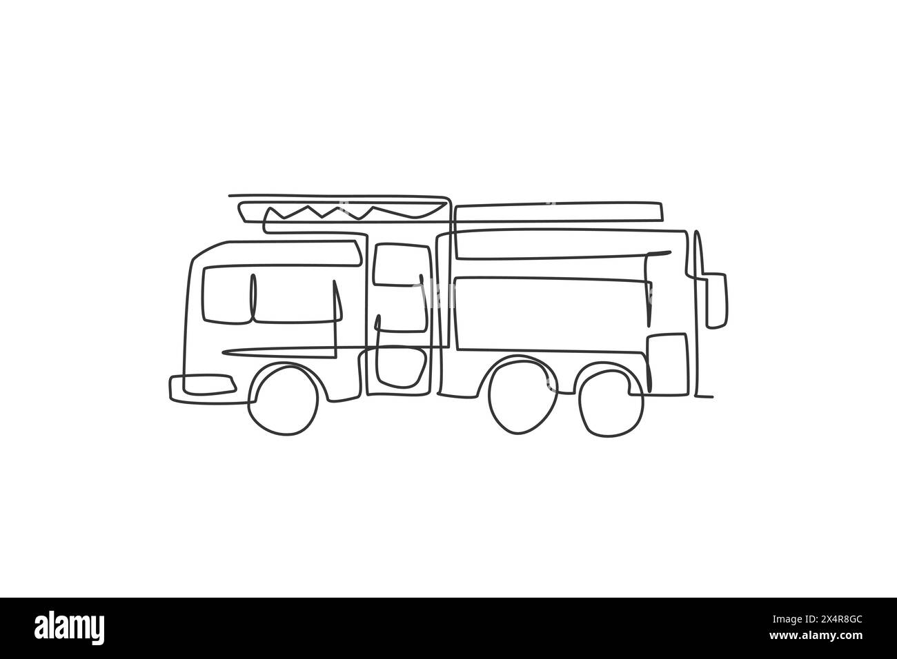 Single one line drawing of firetruck with rescue ladder and nozzle ...