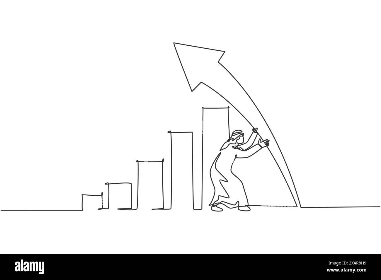 Single one line drawing of young Arabic businessman establish arrow bar ...