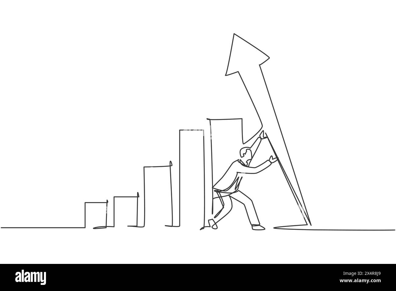 Single one line drawing of young smart business man lifting the finance ...