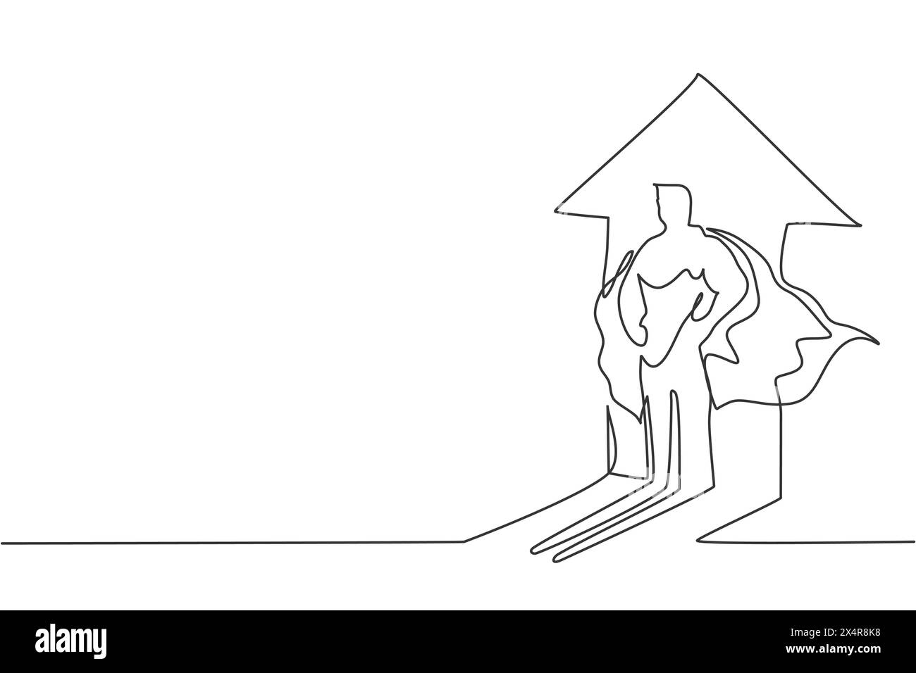 Single one line drawing young male superhero shadow on rising up arrow ...