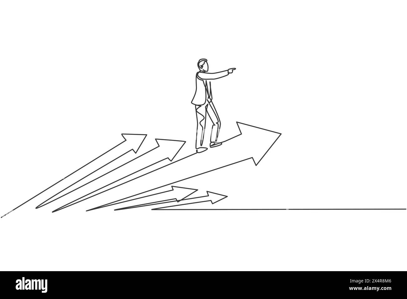 Continuous one line drawing of young handsome male worker flying using ...
