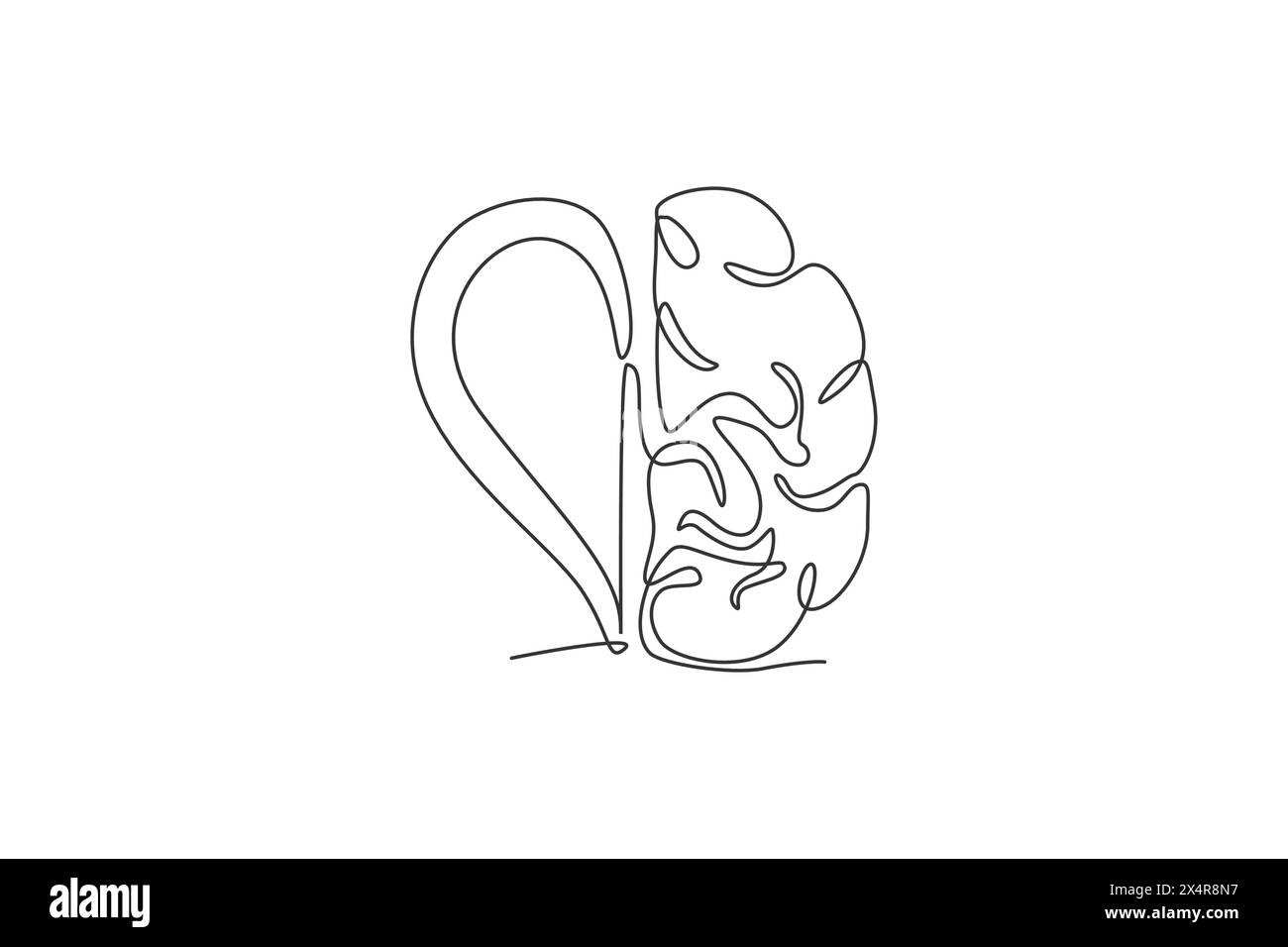 One continuous line drawing of half human brain half love heart shaped ...