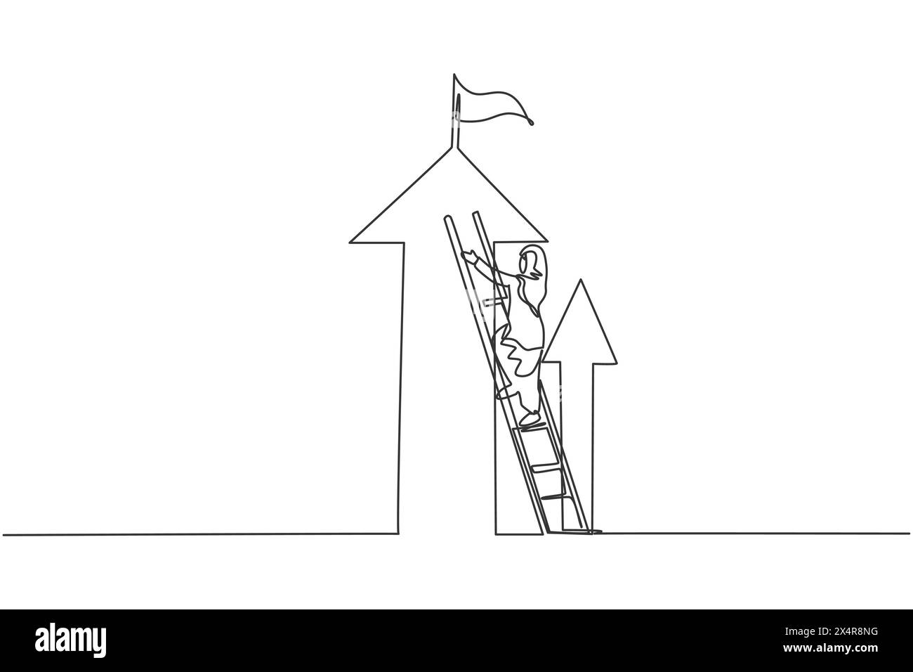 Continuous one line drawing of young female Arabic worker climb ladder ...