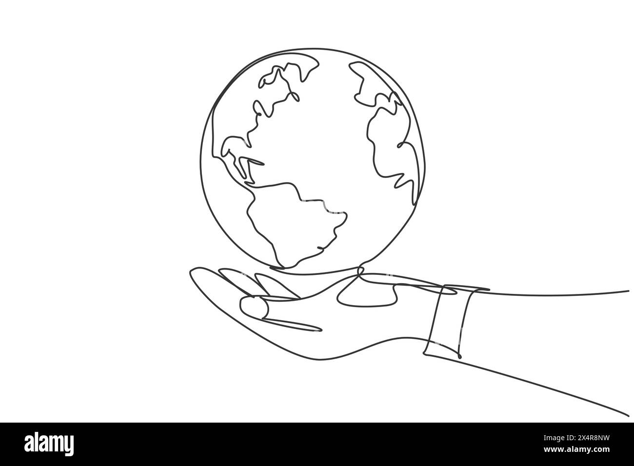 Single one line drawing of hands hold round earth. Globe icon ...