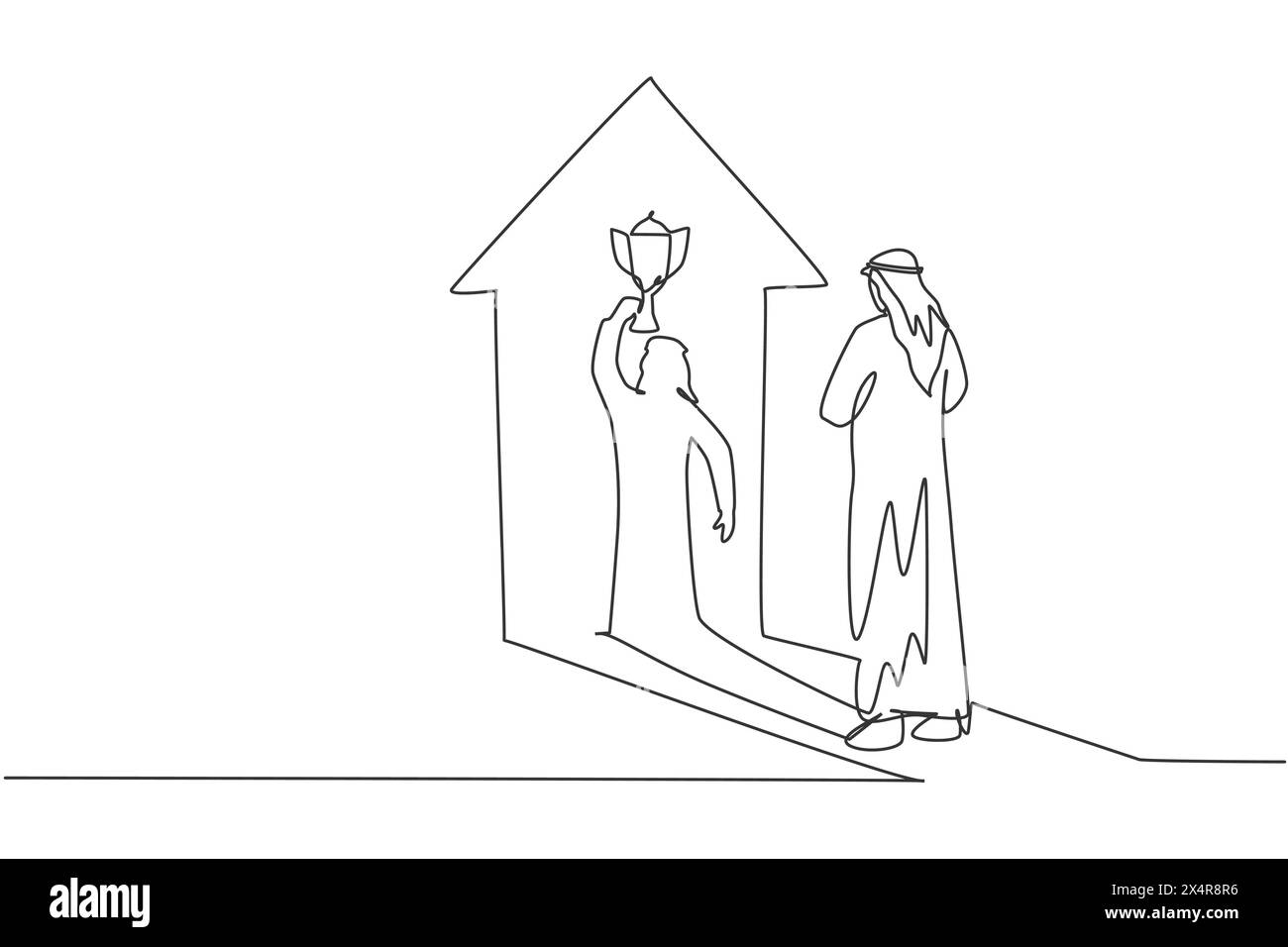 Continuous one line drawing of young Arab businessman facing his shadow ...