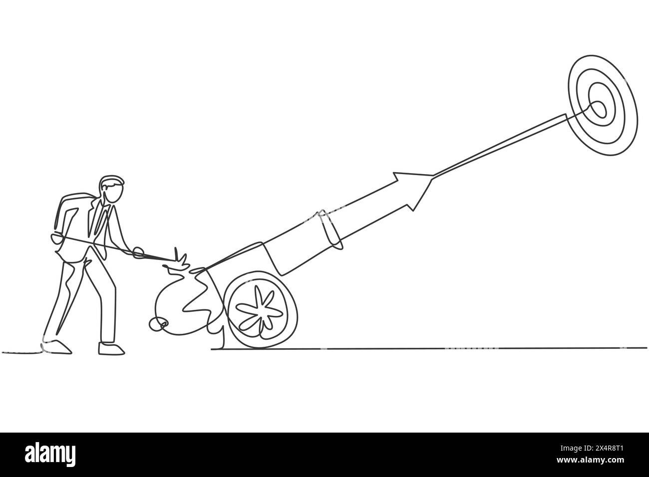 Single continuous line drawing of young business man flame the cannon ...