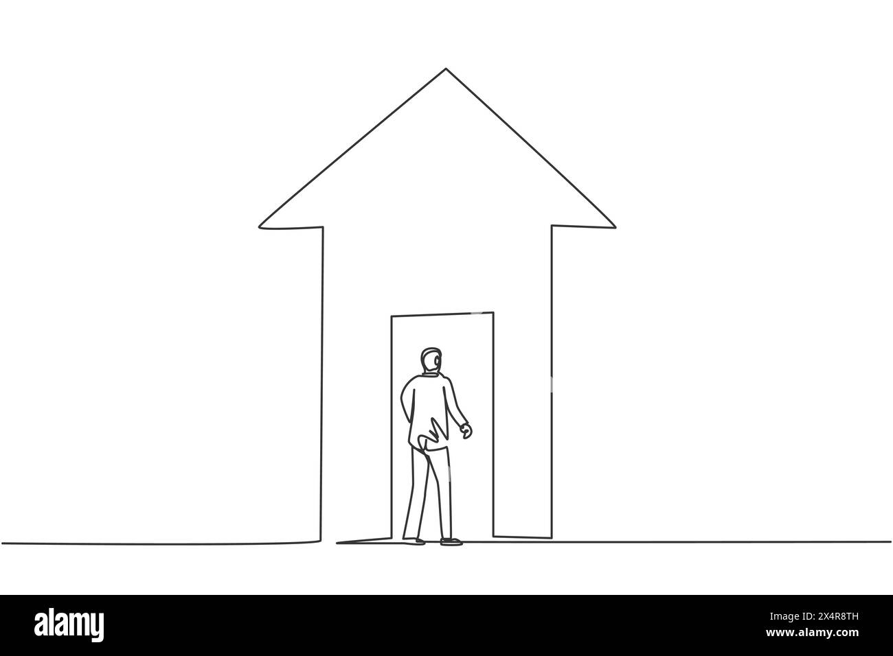 Single continuous line drawing of young business man enter the up arrow ...