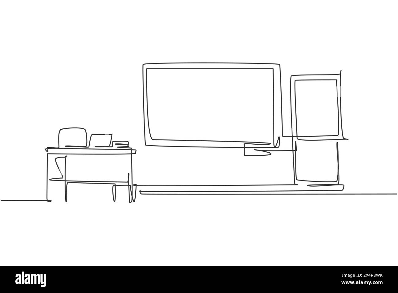 Single continuous line drawing school classroom interior with ...