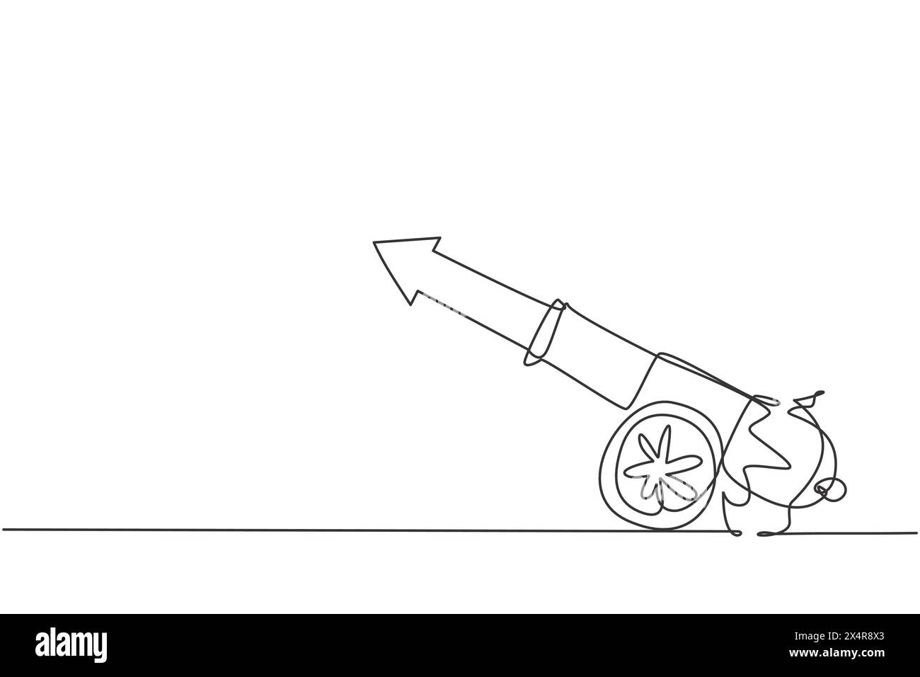 Single one line drawing of cannon ball weapon with arrow symbol bullet ...