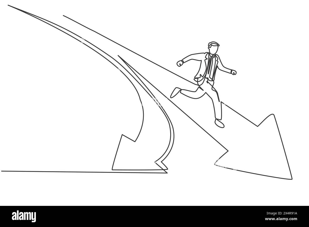 Single continuous line drawing of young business man running into ...