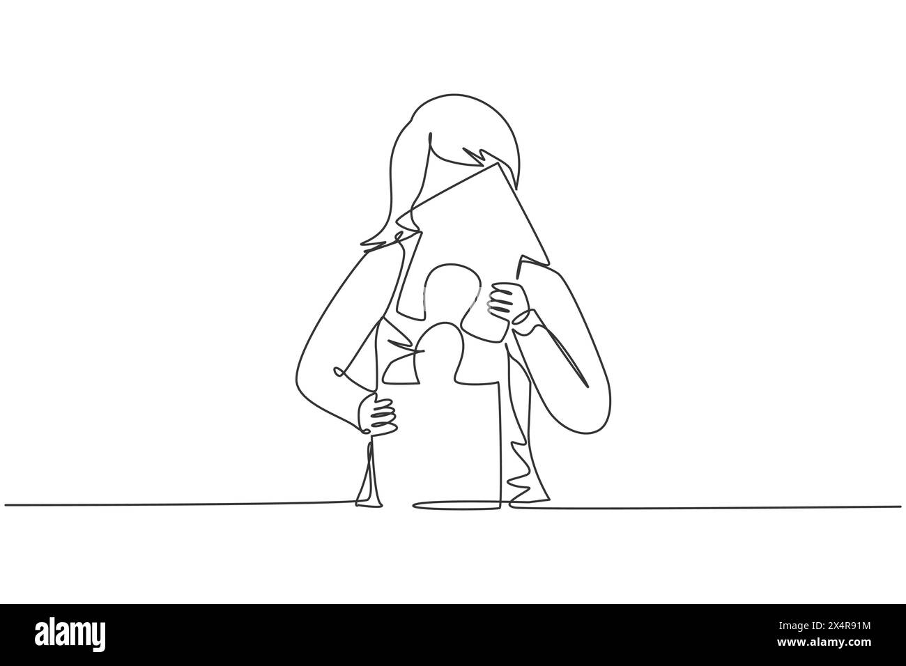 Single one line drawing of young smart business woman build puzzle into ...
