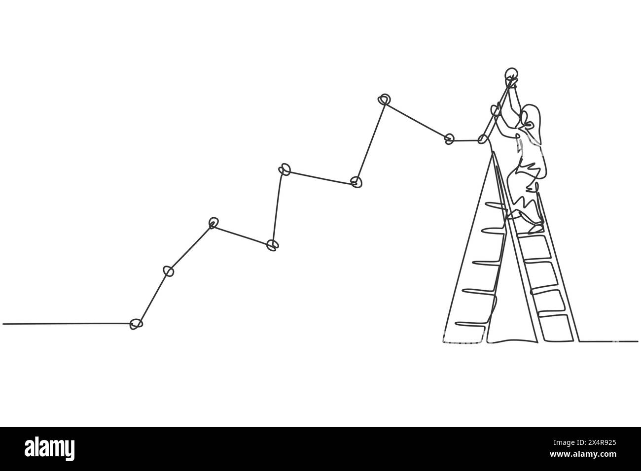 Continuous one line drawing young female Arabic worker climb ladder up ...