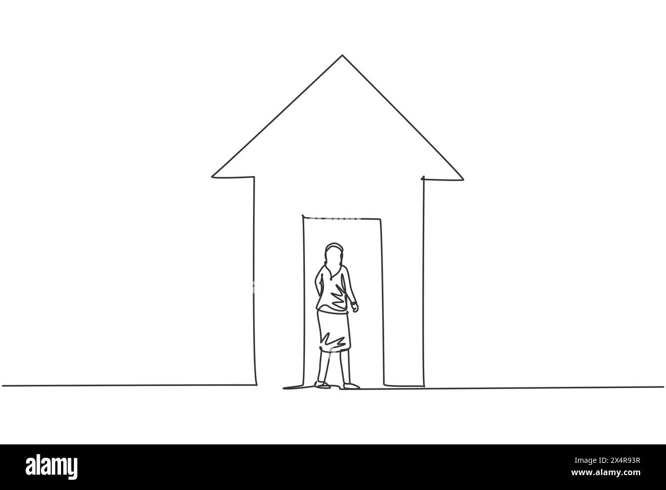 Single continuous line drawing of young female manager enter up arrow ...