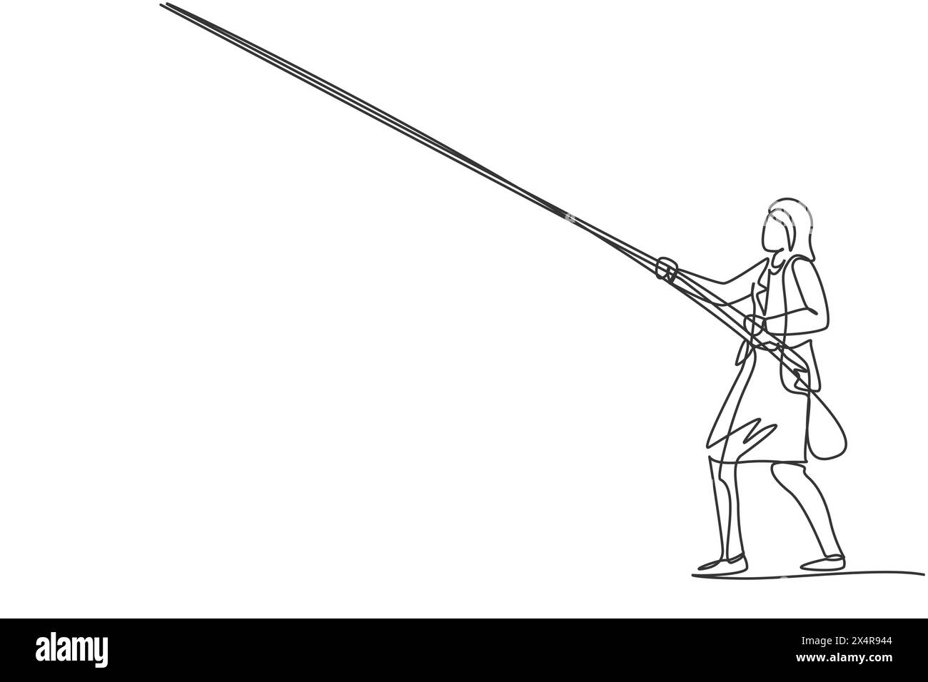 Continuous one line drawing of young female worker pulling rope to get ...