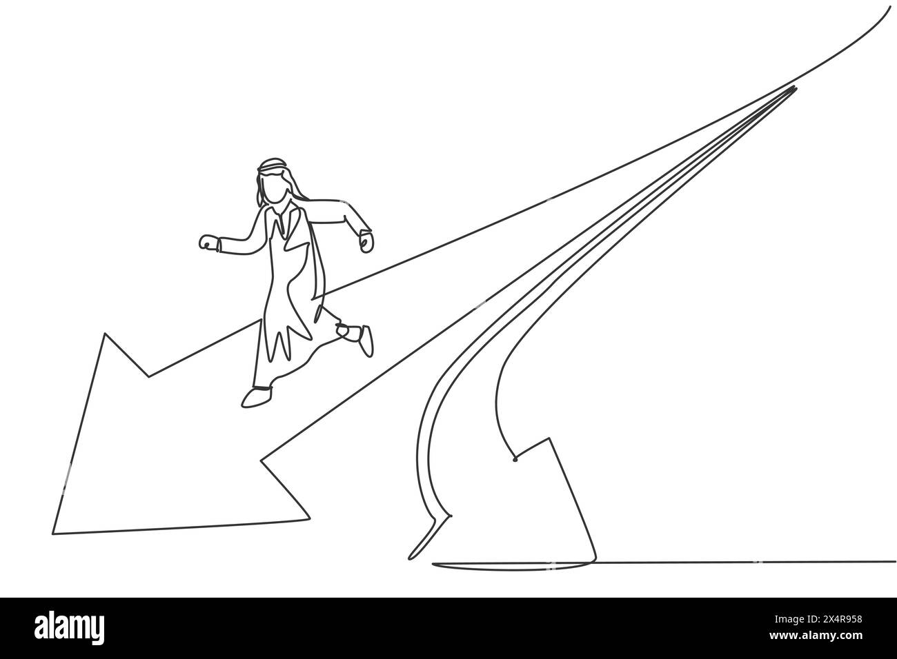 Single one line drawing young Arabic male entrepreneur running fast to ...