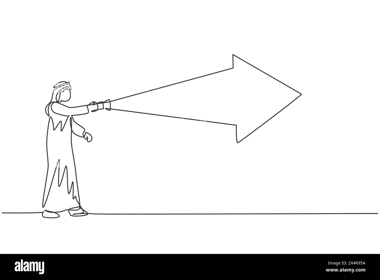 Continuous one line drawing young Arab male manager arrow light the way ...