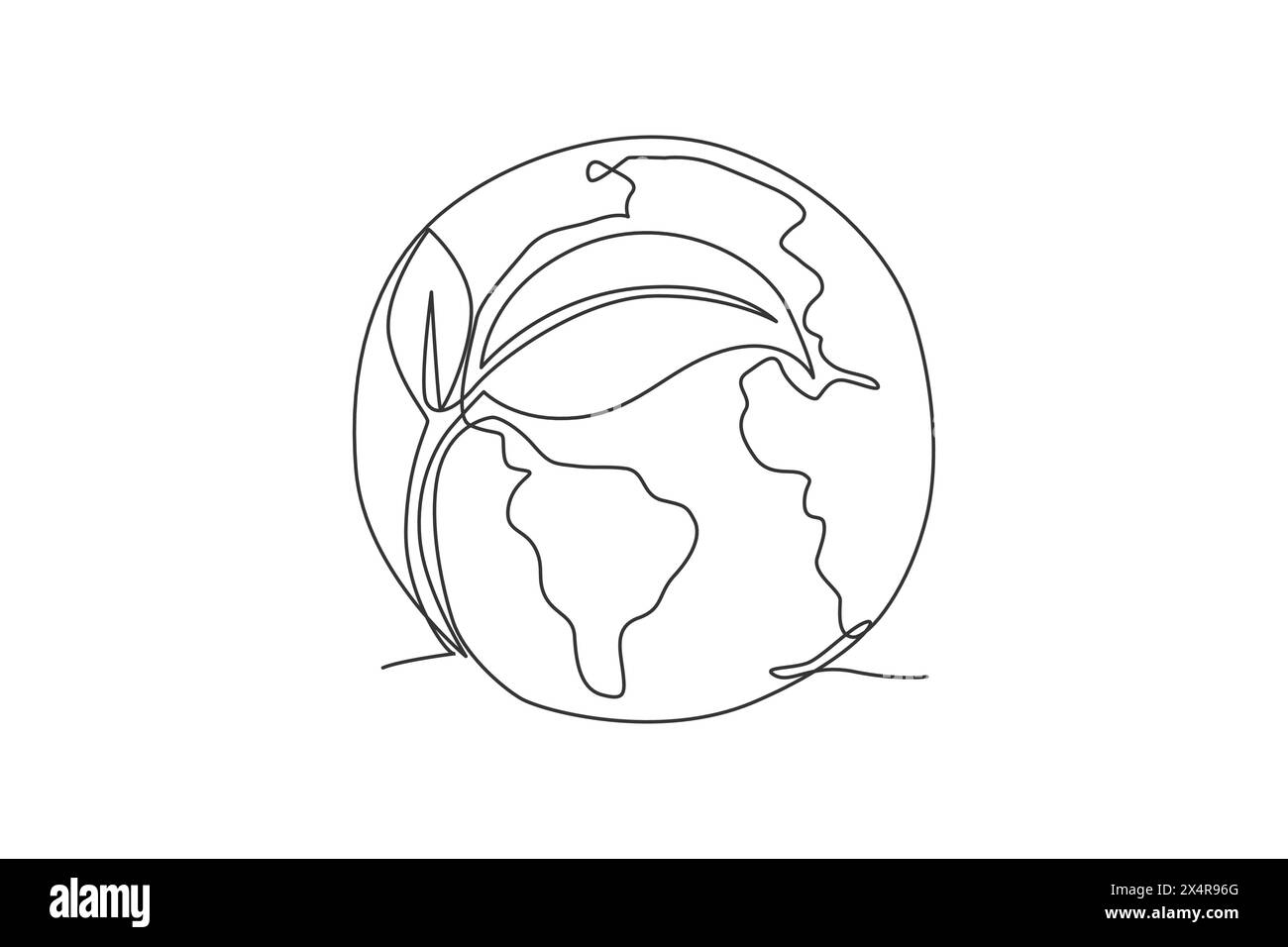 Green leaf on globe. Single continuous line world natural global map ...