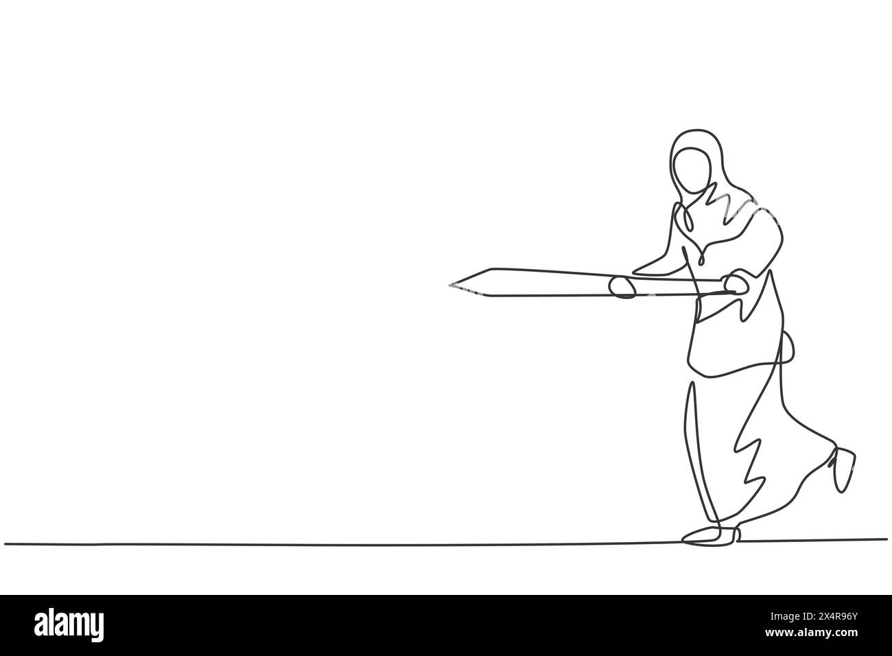 Continuous one line drawing young Arabic female worker running while ...