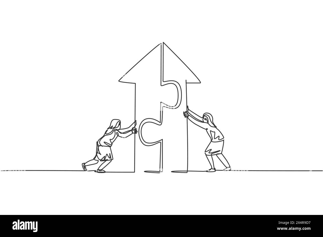 Single continuous line drawing two young female managers pushing puzzle ...