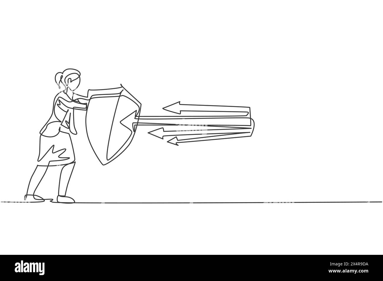 Continuous one line drawing of young female worker holding metal shield ...