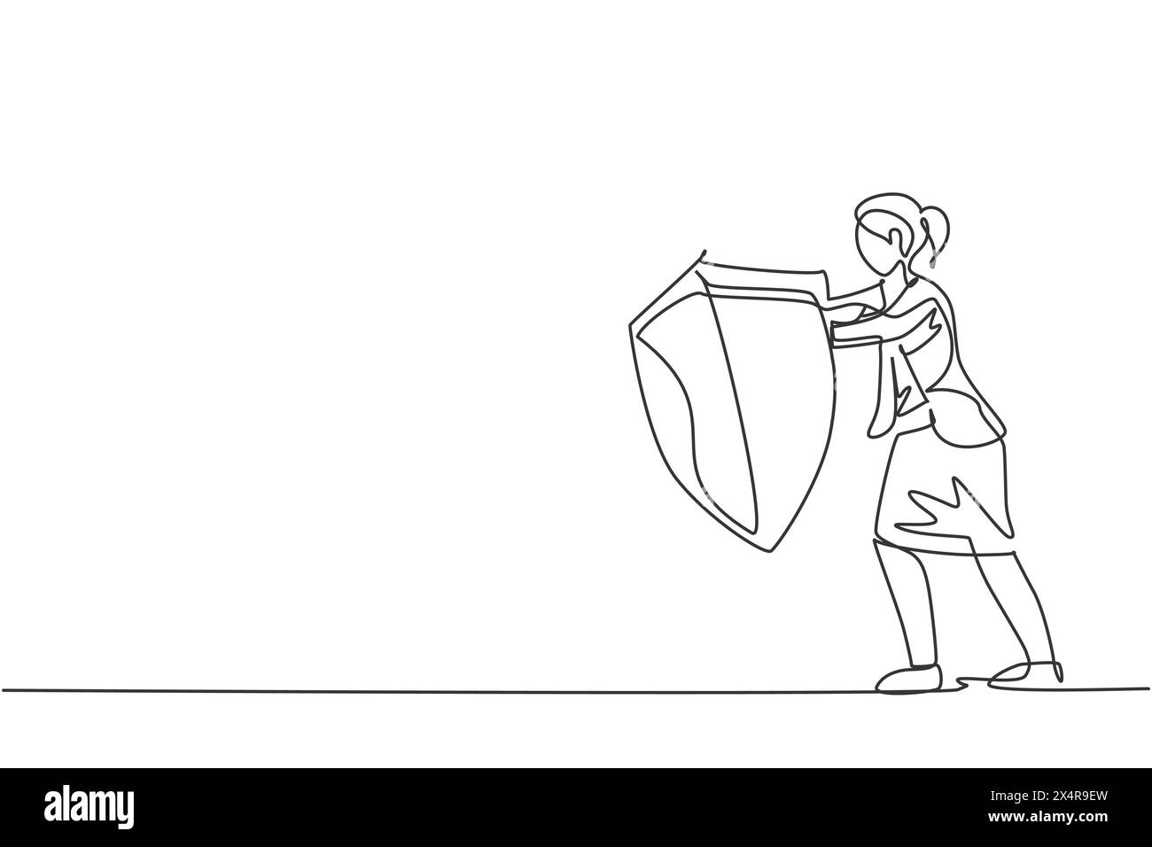 Single continuous line drawing of young female manager holding metal ...