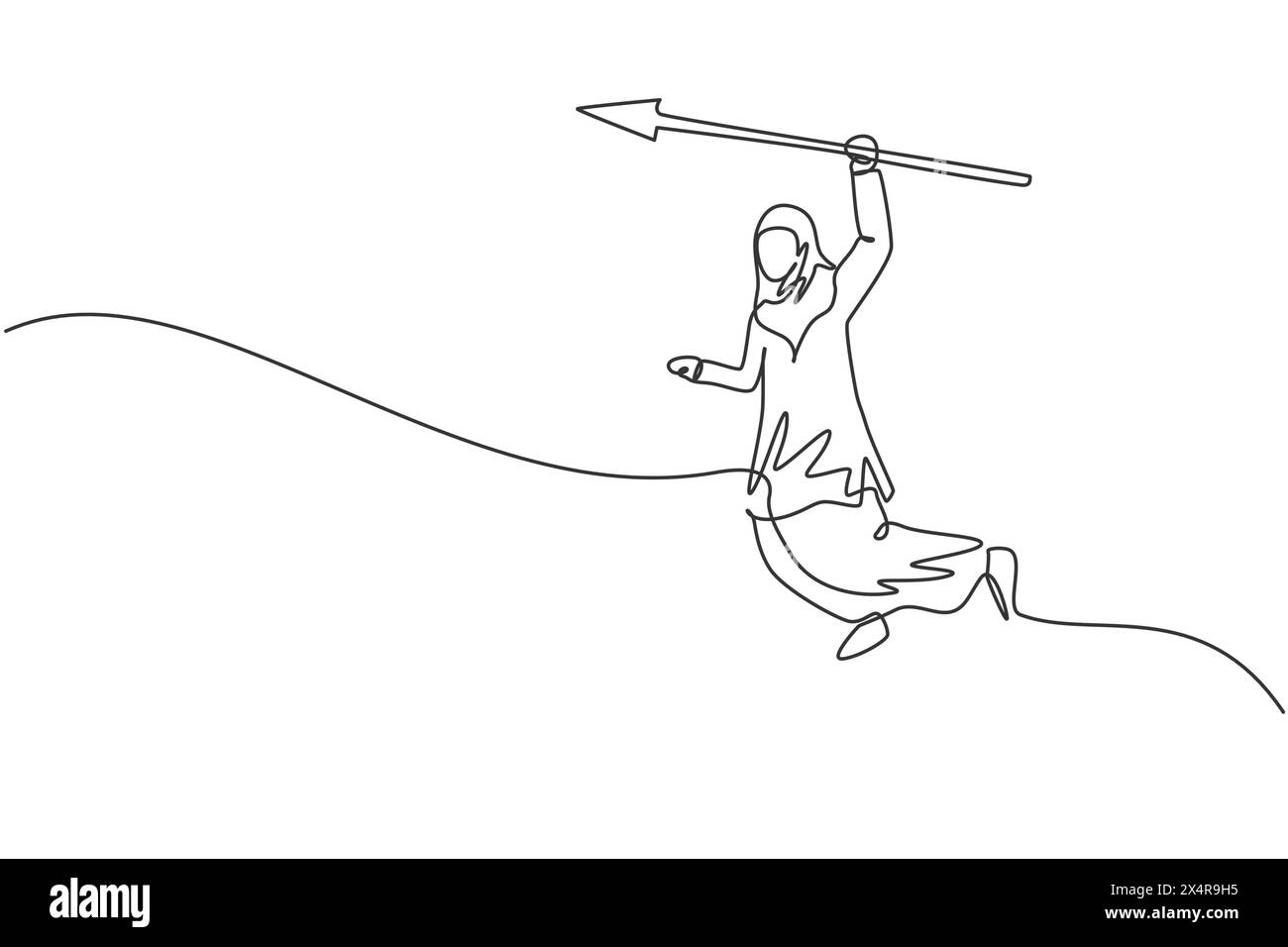 Continuous one line drawing young Arabic female worker jumping high ...