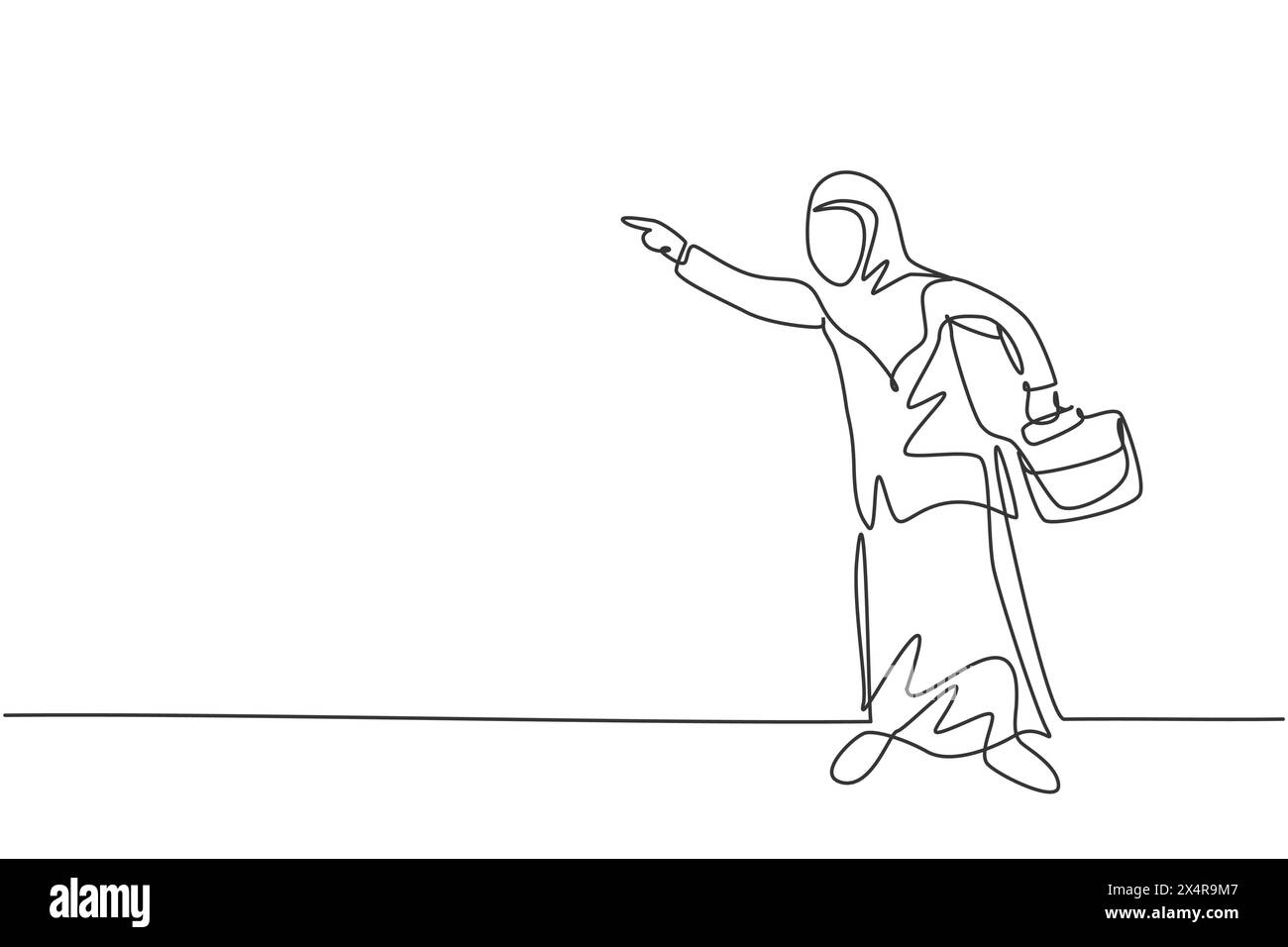 Continuous one line drawing young angry Arabic female worker pointing ...