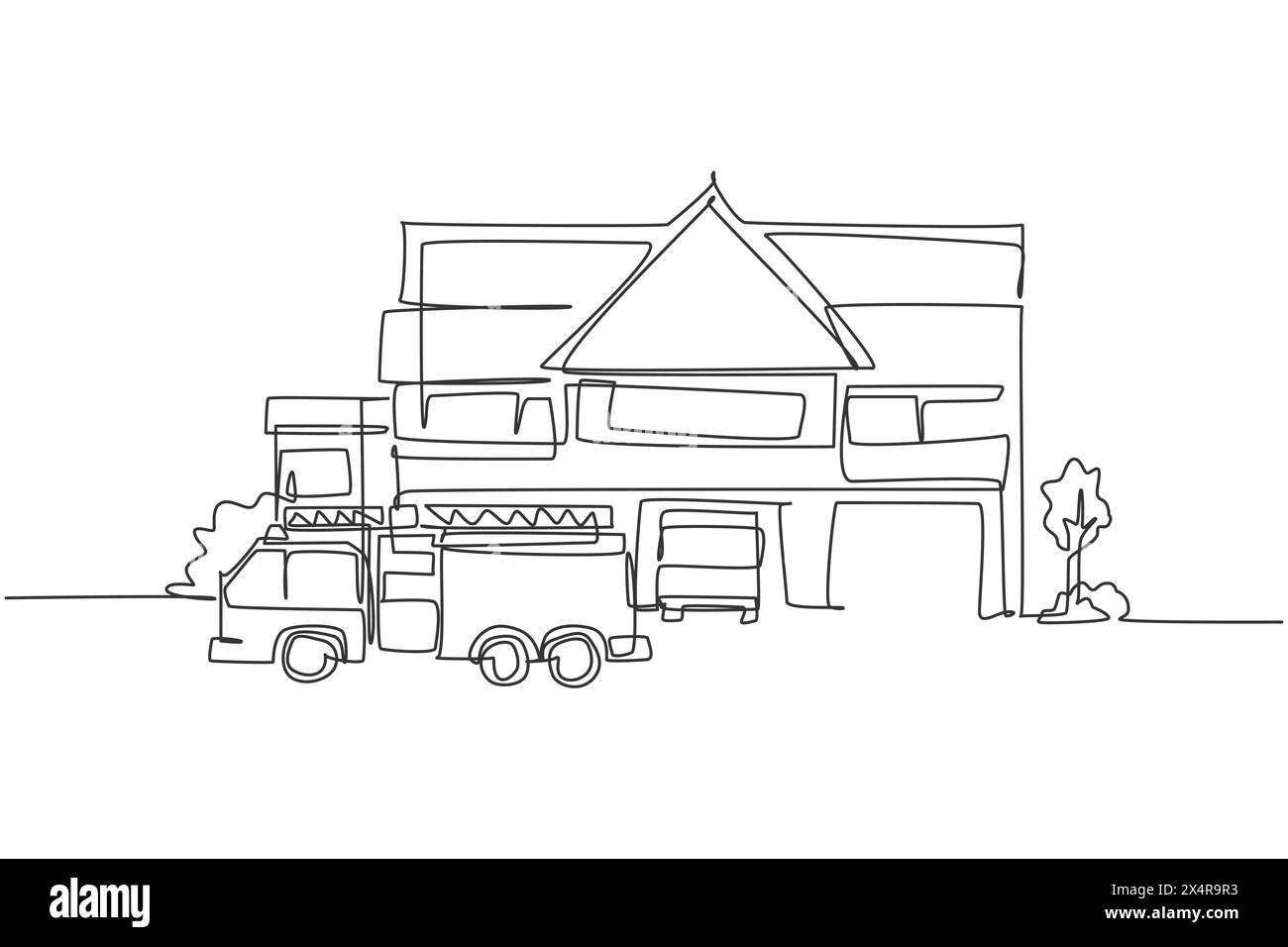 Continuous one line drawing of fire station construction building with ...