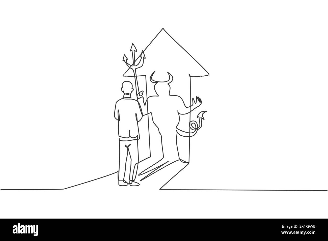 Single continuous line drawing of young evil worker facing his devil ...