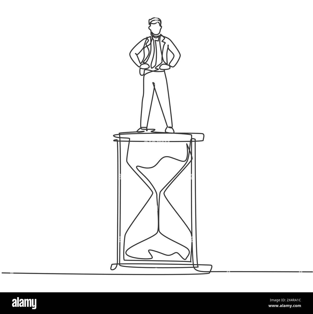 Continuous one line drawing young male worker standing above hourglass ...