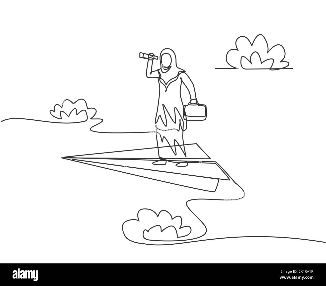 Single continuous line drawing young Arab business woman analyze market ...