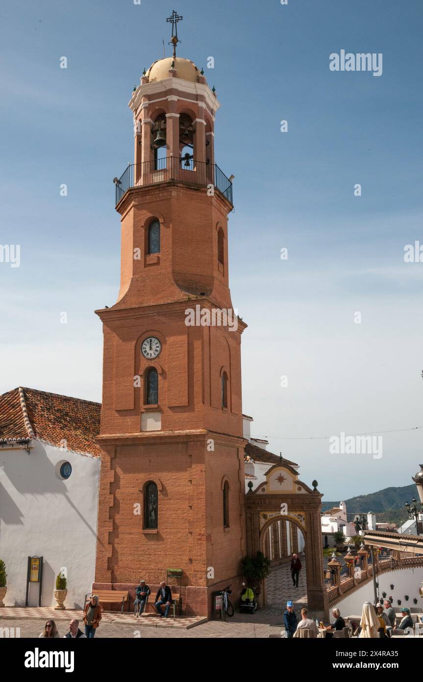 Neo-Mudejar tower of the parish church (1505) in the 'White Viilage' of ...