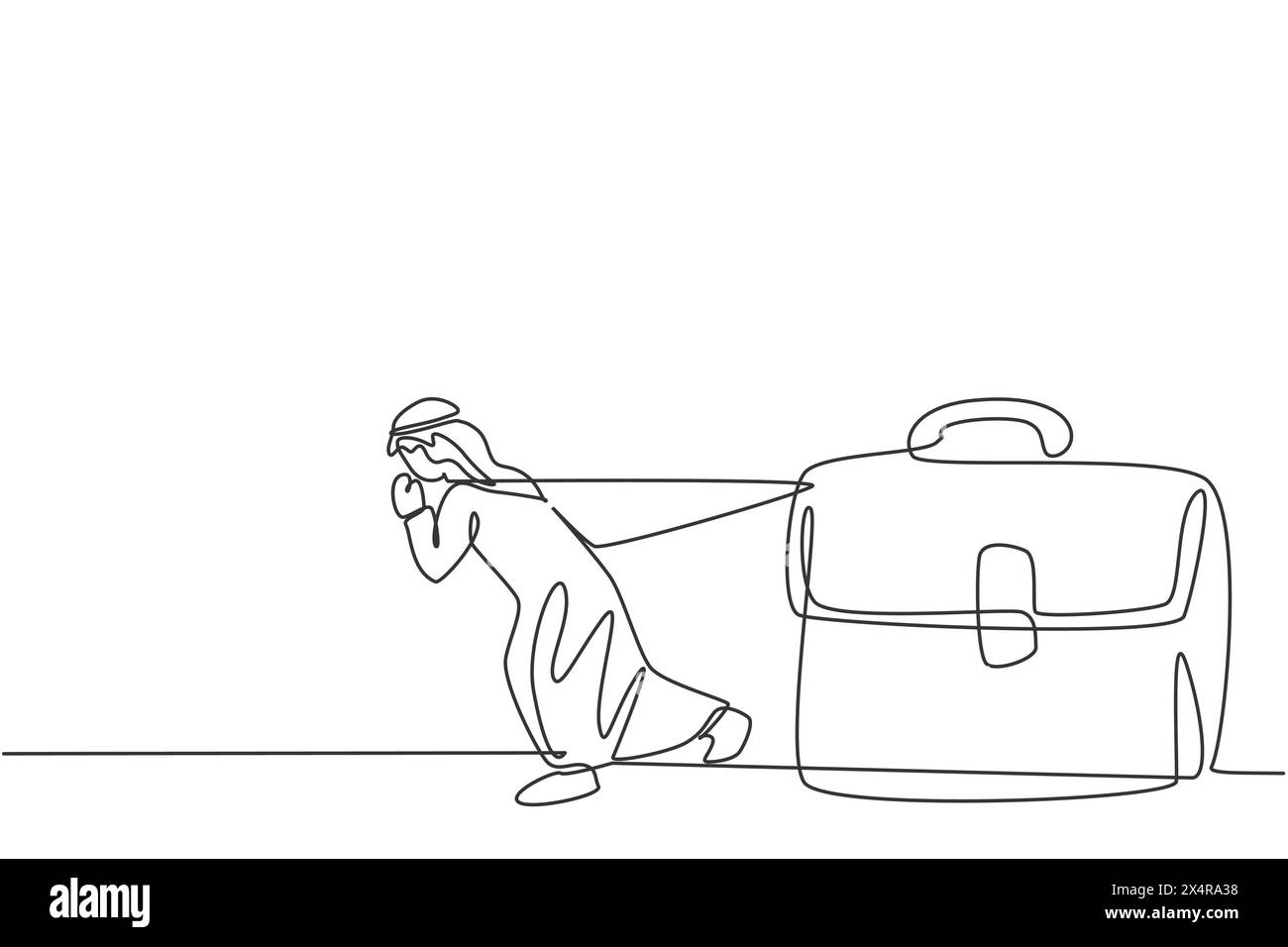 Continuous one line drawing of young Arab businessman pulling the ...