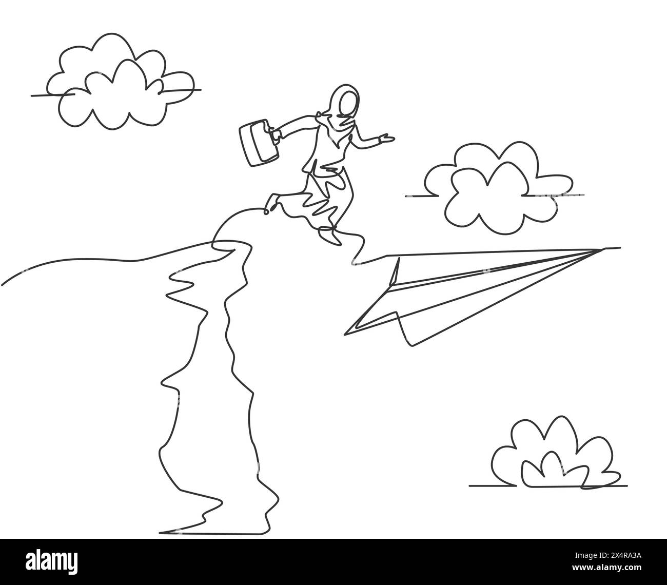 Single continuous line drawing young Arab business woman jumping to ...