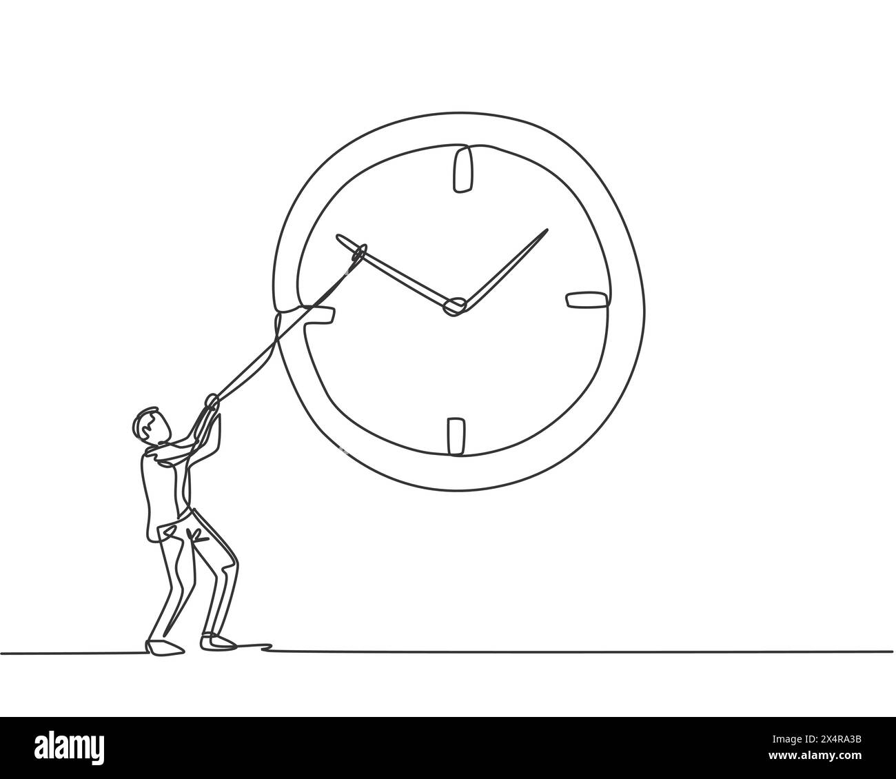 Continuous one line drawing young male worker pulling clockwise of big ...