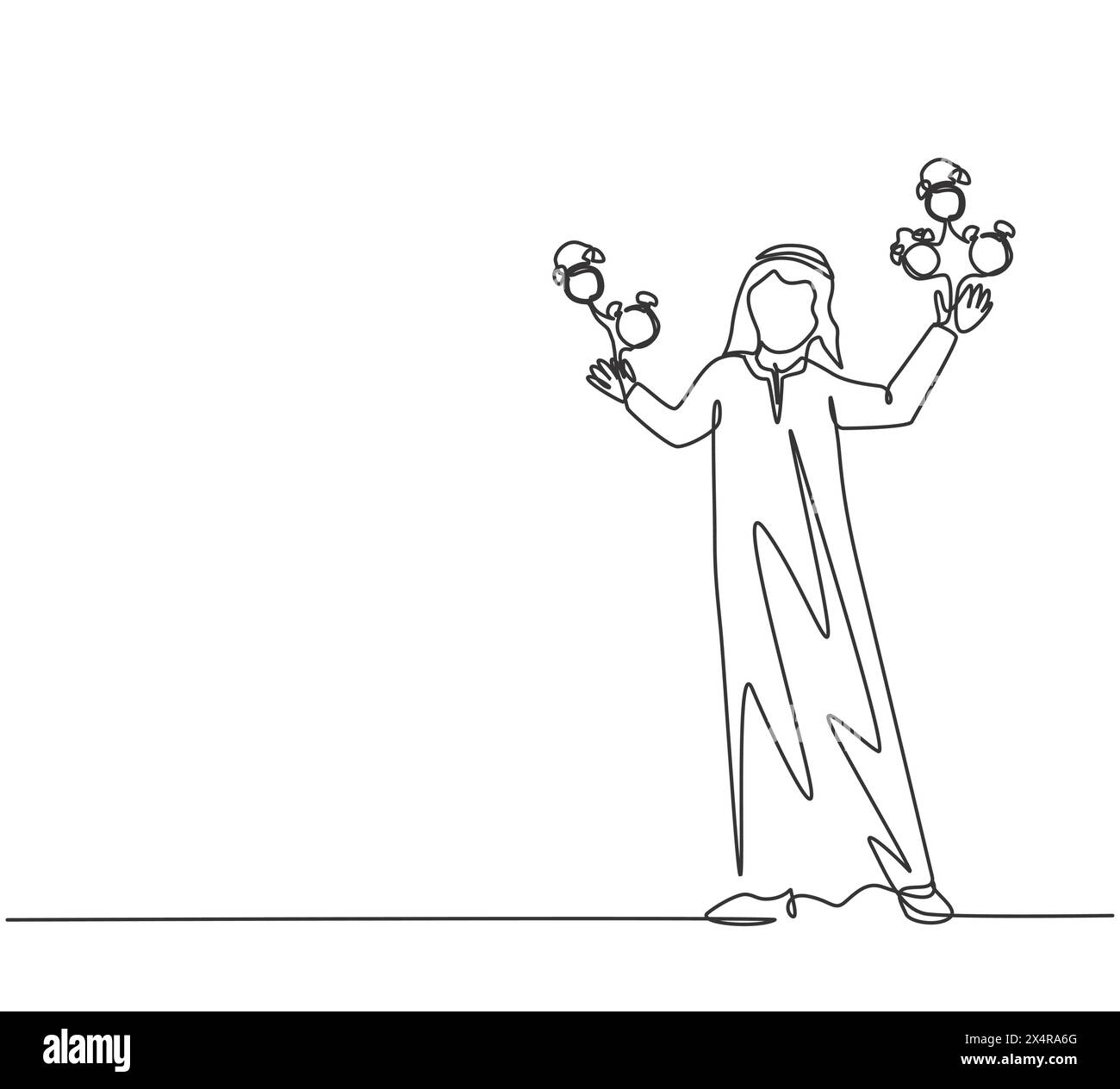 Continuous one line drawing young Arab male worker juggling alarm ...