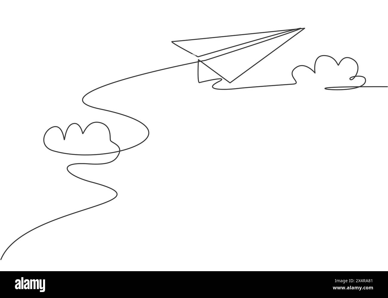Single continuous line drawing of paper plane flying through the clouds ...