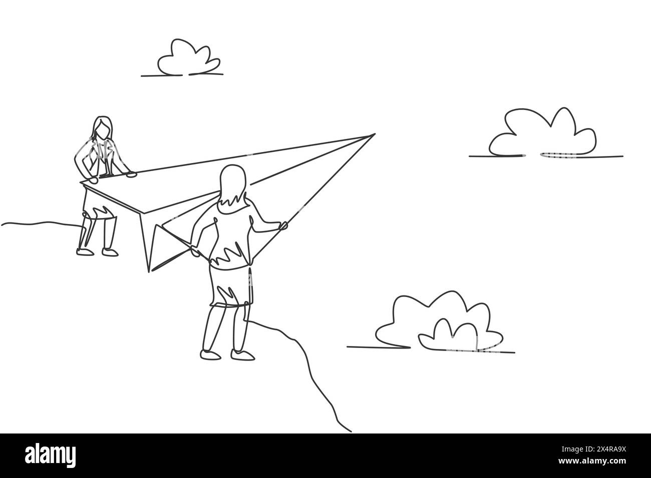 Single one line drawing of two young businesswomen release paper plane ...