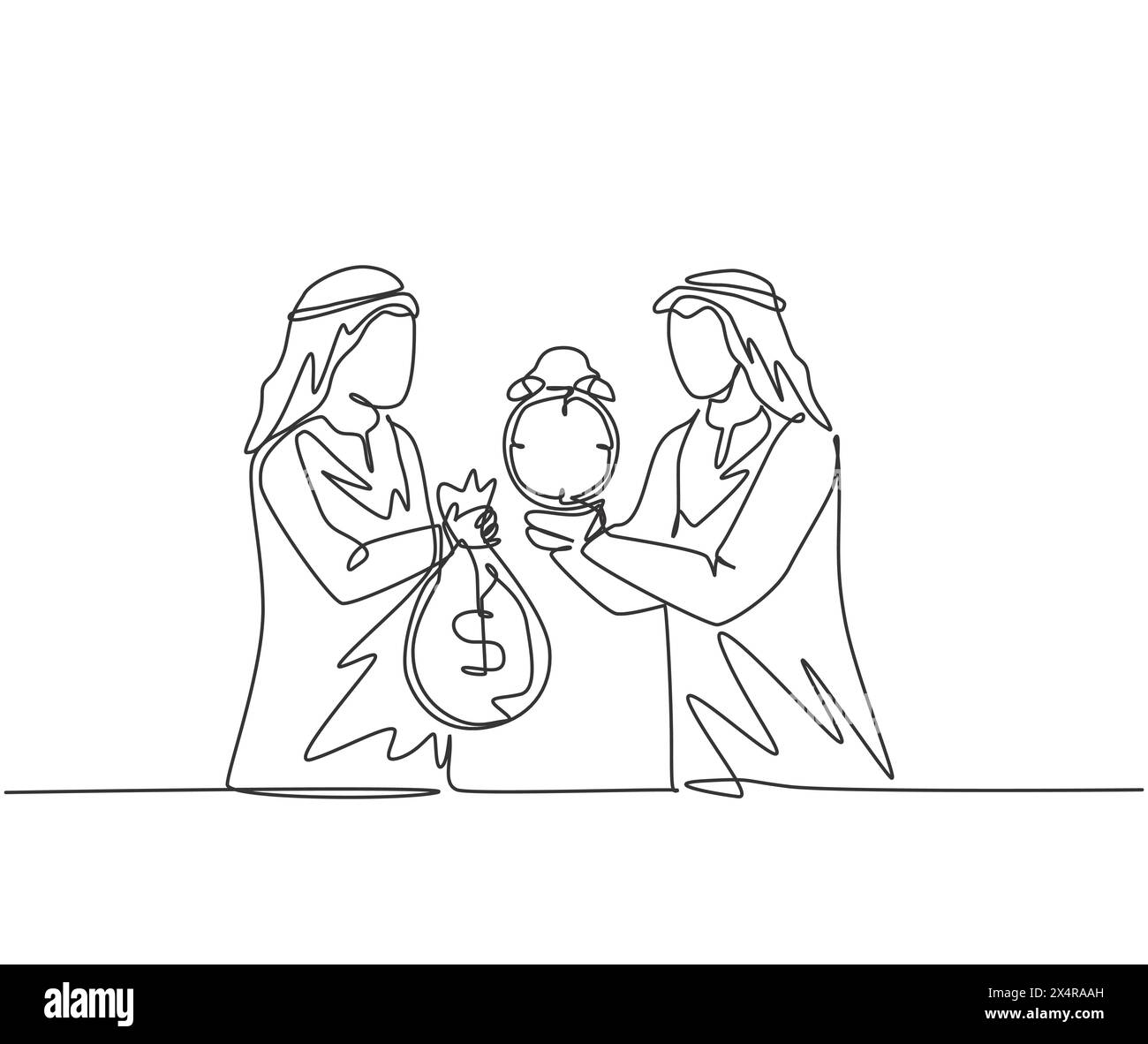 Single continuous line drawing two young Arab businessman exchange ...
