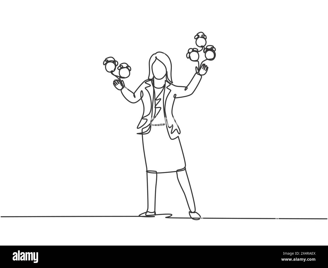 Continuous one line drawing young woman worker juggling alarm analog ...