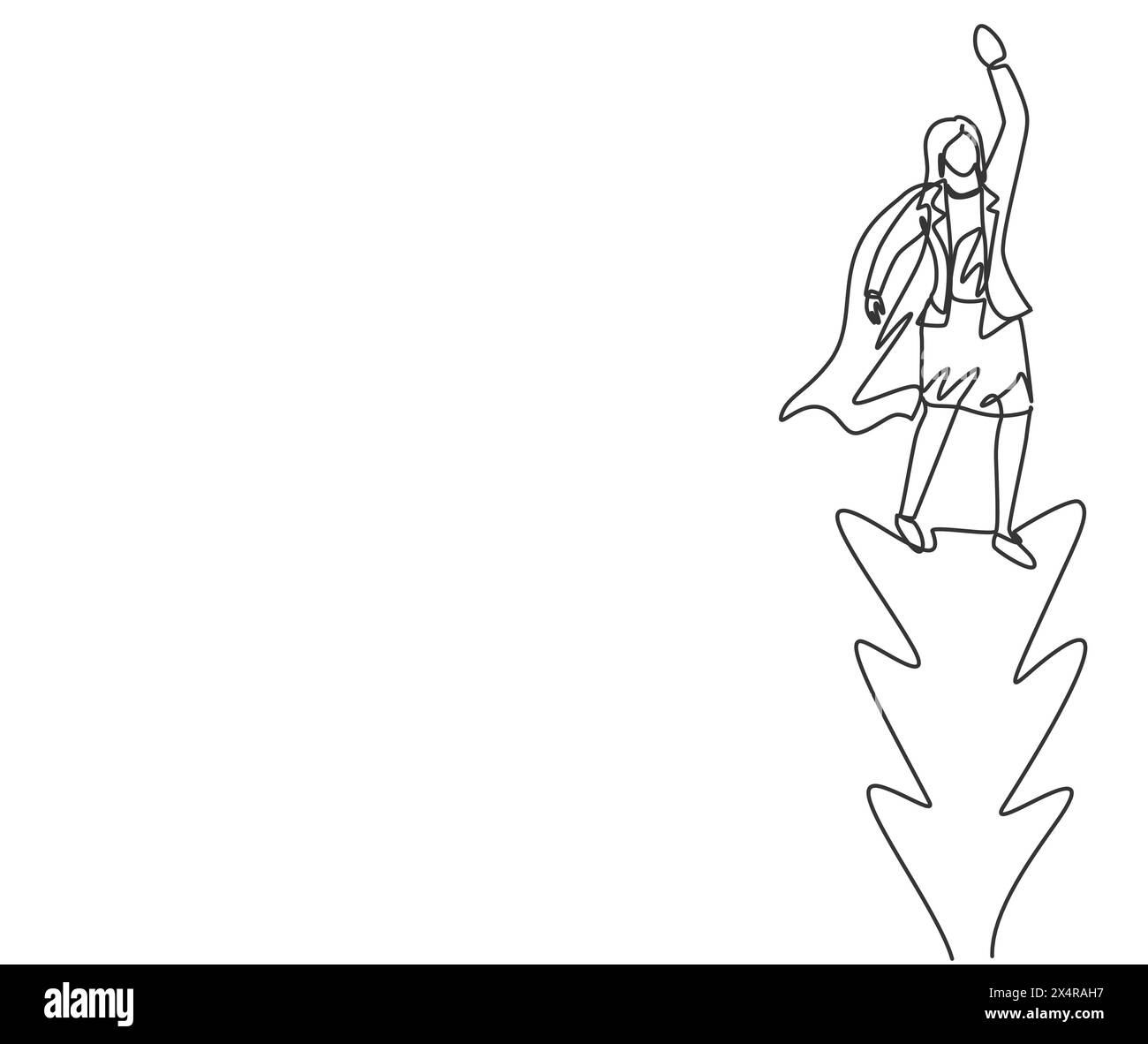 Continuous one line drawing young woman worker flying high into the sky ...